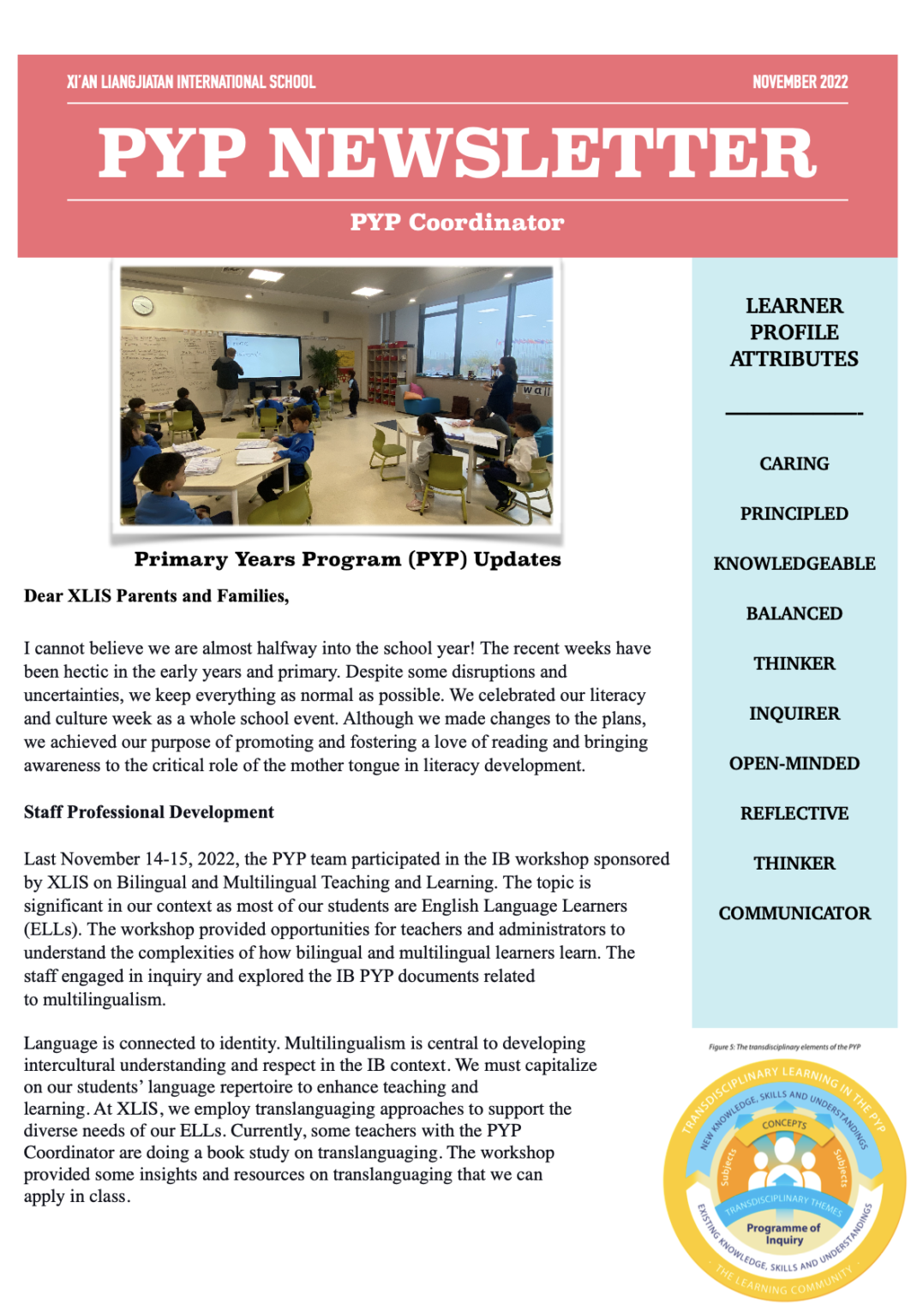 Primary Years Program (PYP) Updates - Xian Liangjiatan International School