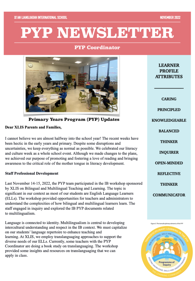 Primary Years Program (PYP) Updates - Xian Liangjiatan International School