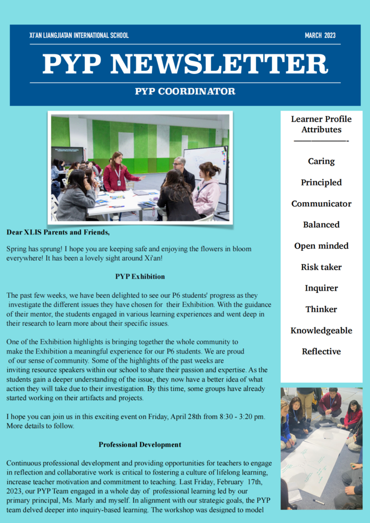 Letter from PYP Coordinator (March) - Xian Liangjiatan International School