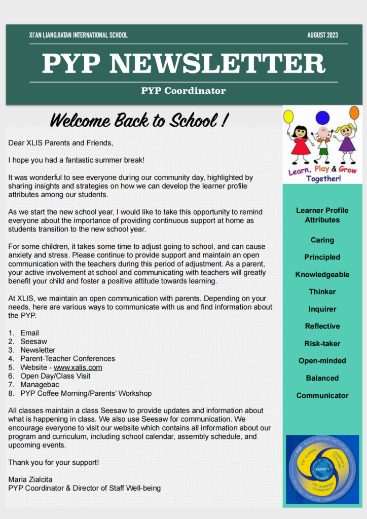 Letter from PYP Coordinator (August) - Xian Liangjiatan International ...